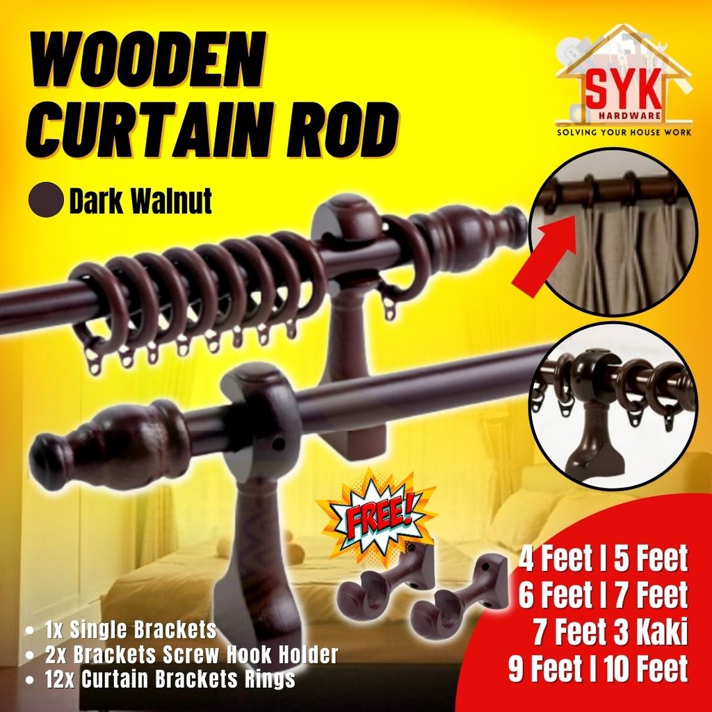 SYK Wooden Curtain Rod Dark Walnut Complete Set With Curtain Ring ...