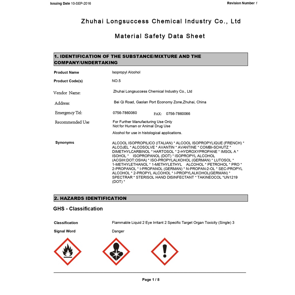Isopropyl Alcohol (Ipa) Safety Datasheet PDF Toxicity Water