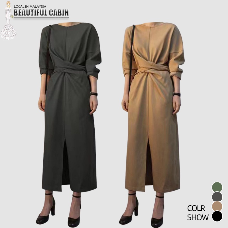 Women Long Sleeve Maxi Long Dress Solid Color Round Neck Long Sleeve