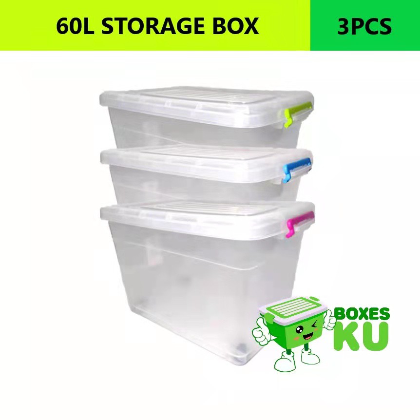 3 UNITS 60L PLASTIC TRANSPARENT STORAGE BOX / 3 BIJI 60L BEKAS SIMPANAN ...