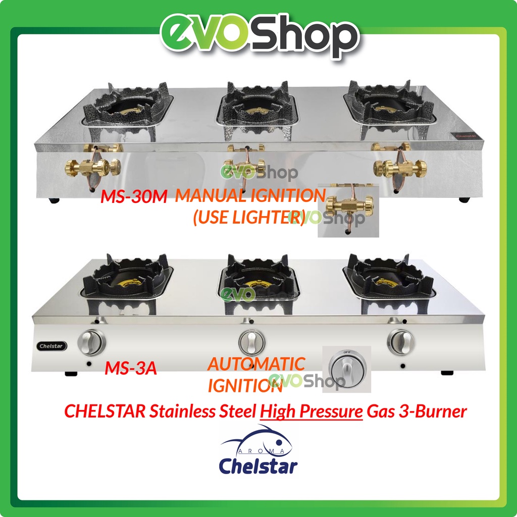 CHELSTAR 3 Burner Stainless Steel High Pressure Gas Cooker Stove Heavy ...