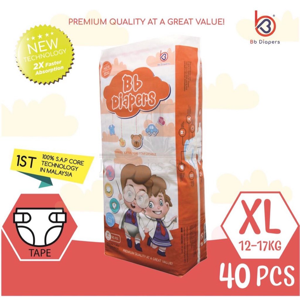 Bb Diapers Premium Tape Diapers - XL40 (12-17kg) | Shopee Malaysia