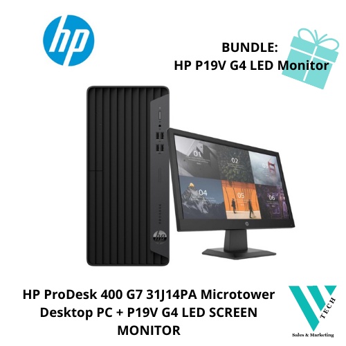 HP ProDesk 400 G7 31J14PA Microtower Desktop PC + P19V G4 LED Screen ...