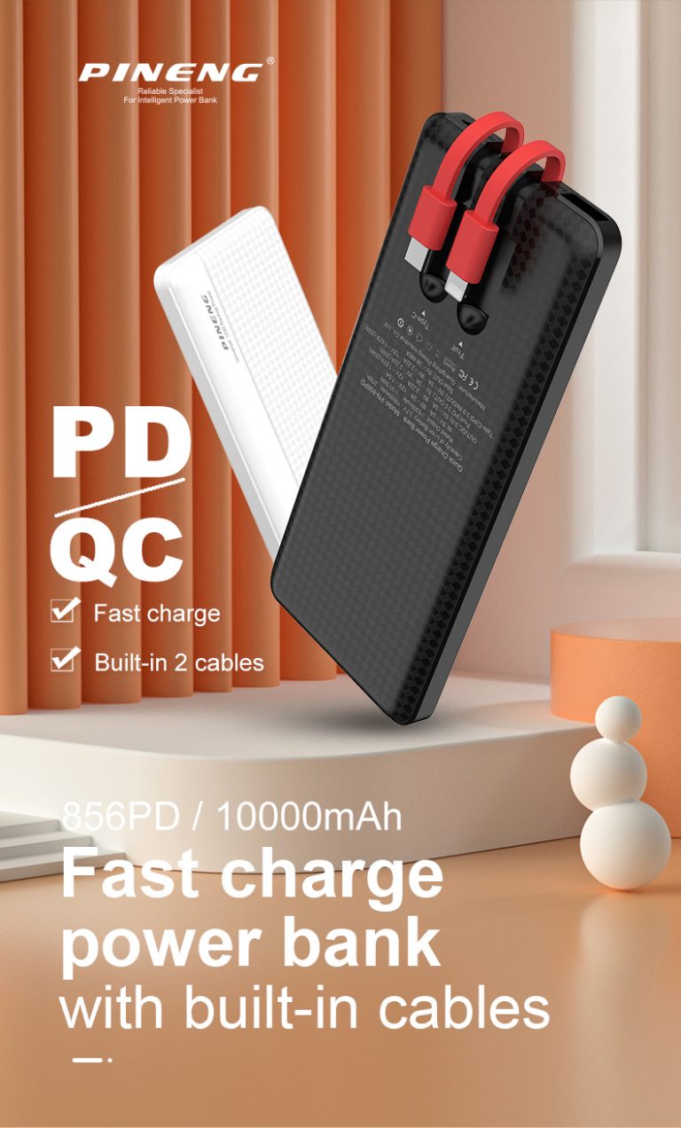 PINENG Powerbank PN-856PD PN-852PD Built-In Cable 10,000mAh Quick Charge 3.0 & PD 3.0 Type C in ...