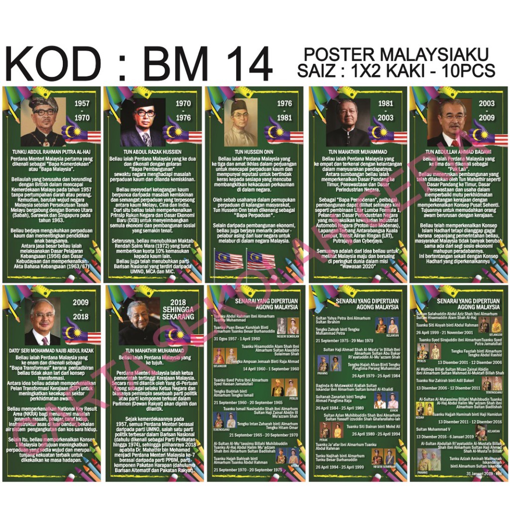 Poster 10pcs Perdana Menteri & Agong BANNER KEMERDEKAAN / CARTA MERDEKA ...