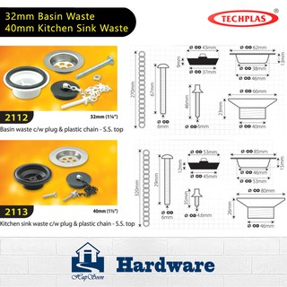 TECHPLAS Basin Waste & Kitchen Sink Waste and Chain Set [ 32mm (1 1/4 ...