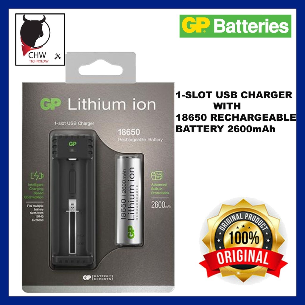 GP LITHIUM Li-ion Rechargeable Battery 1-slot USB Charger with 18650 ...