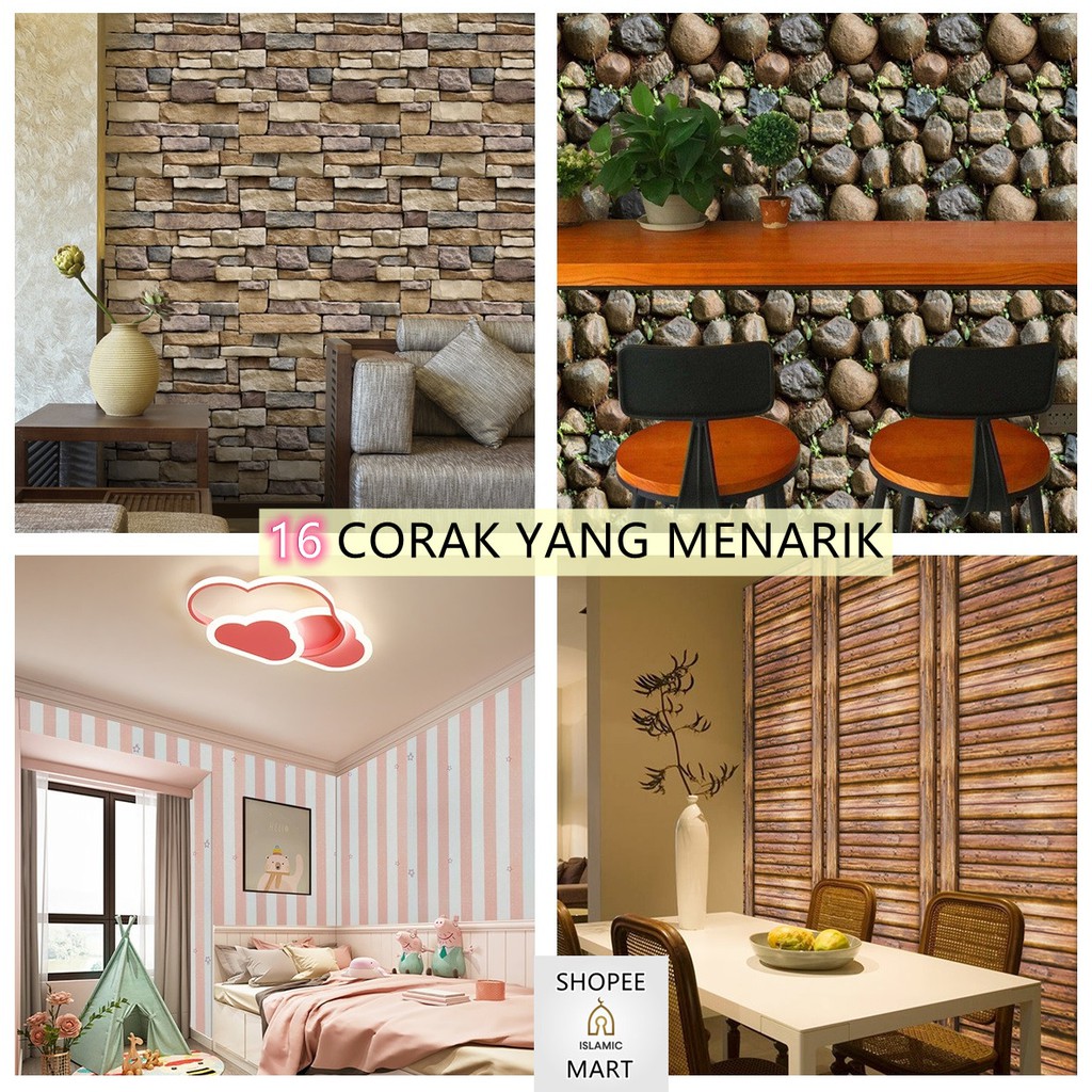PELEKAT KERTAS DINDING HIASAN RUMAH CORAK BATU BATA 3D KAYU/WALLPAPER ...