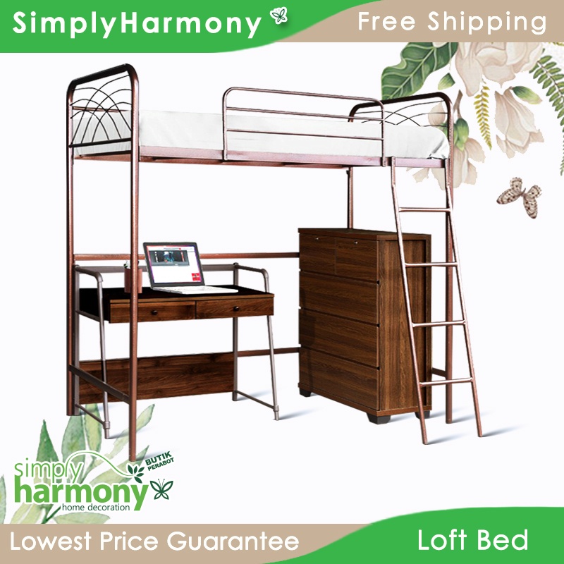 SHSB Loft Bed Metal / Katil Loft Bed Besi / Chest Of Drawer / Meja ...