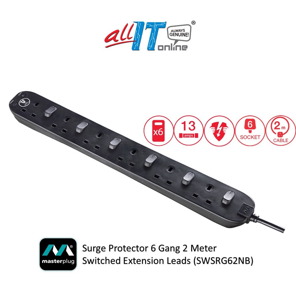 Masterplug Surge Protector 6 Gang 2 Meter Switched Extension Leads ...