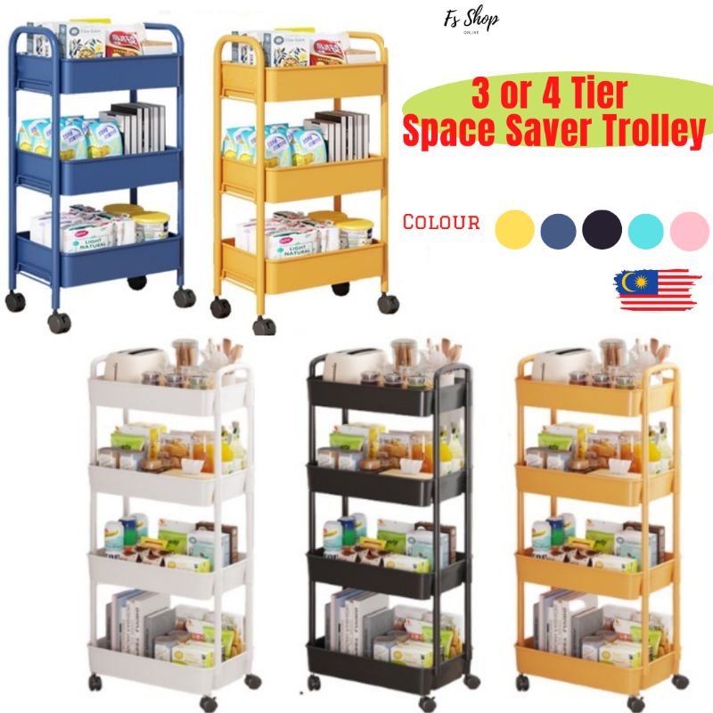 3 or 4 Tier Multifunction Storage Trolley Rack Office Shelves Home ...