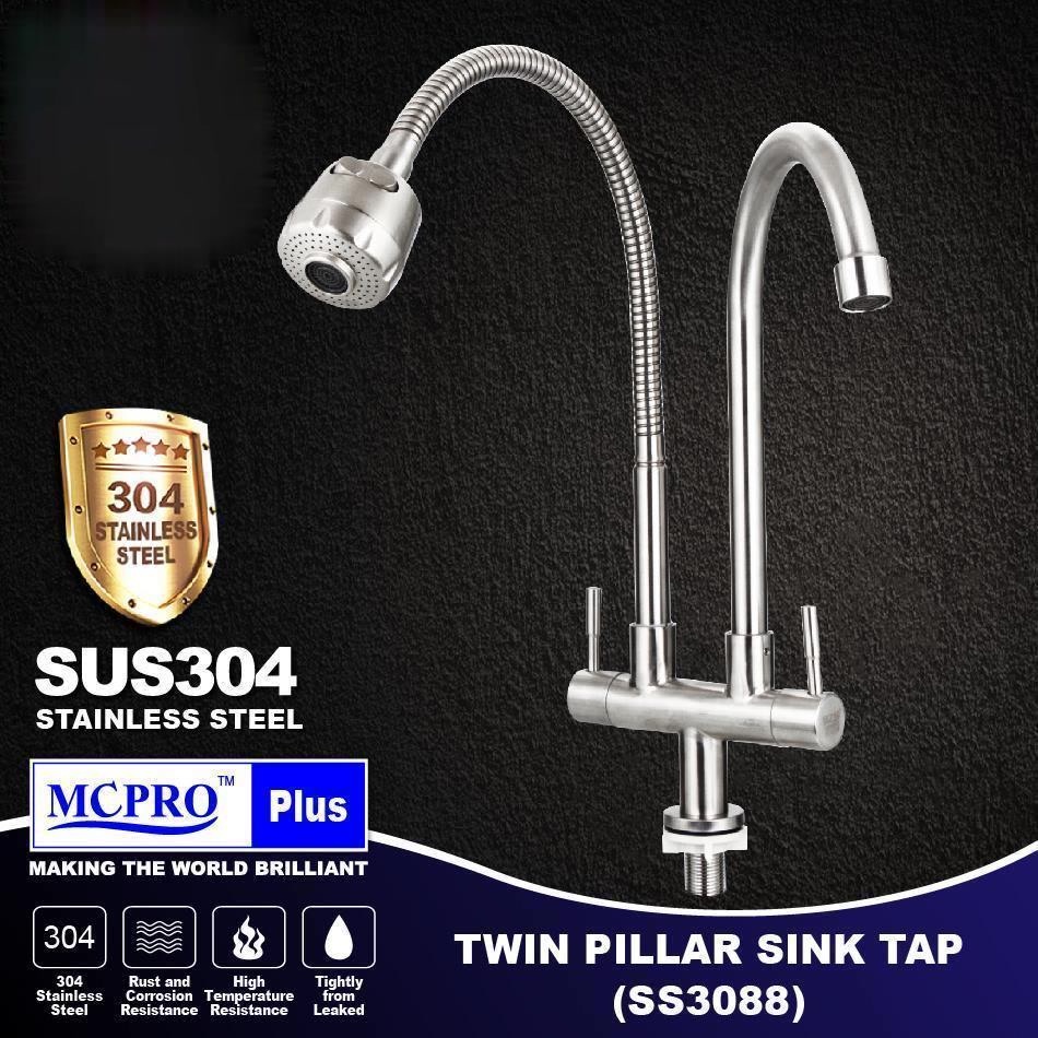 SUS304 PILLAR Double Twin Handle Universal Rotate Sink Tap Kepala Hos ...