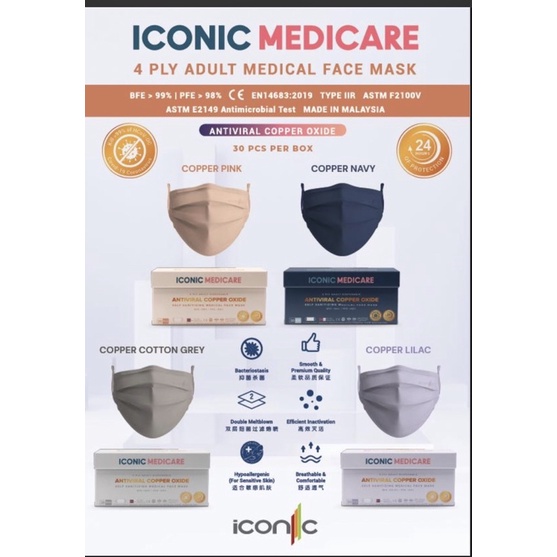 Iconic Antiviral Copper Medical 4Ply Face Mask (30pcs) | Shopee Malaysia
