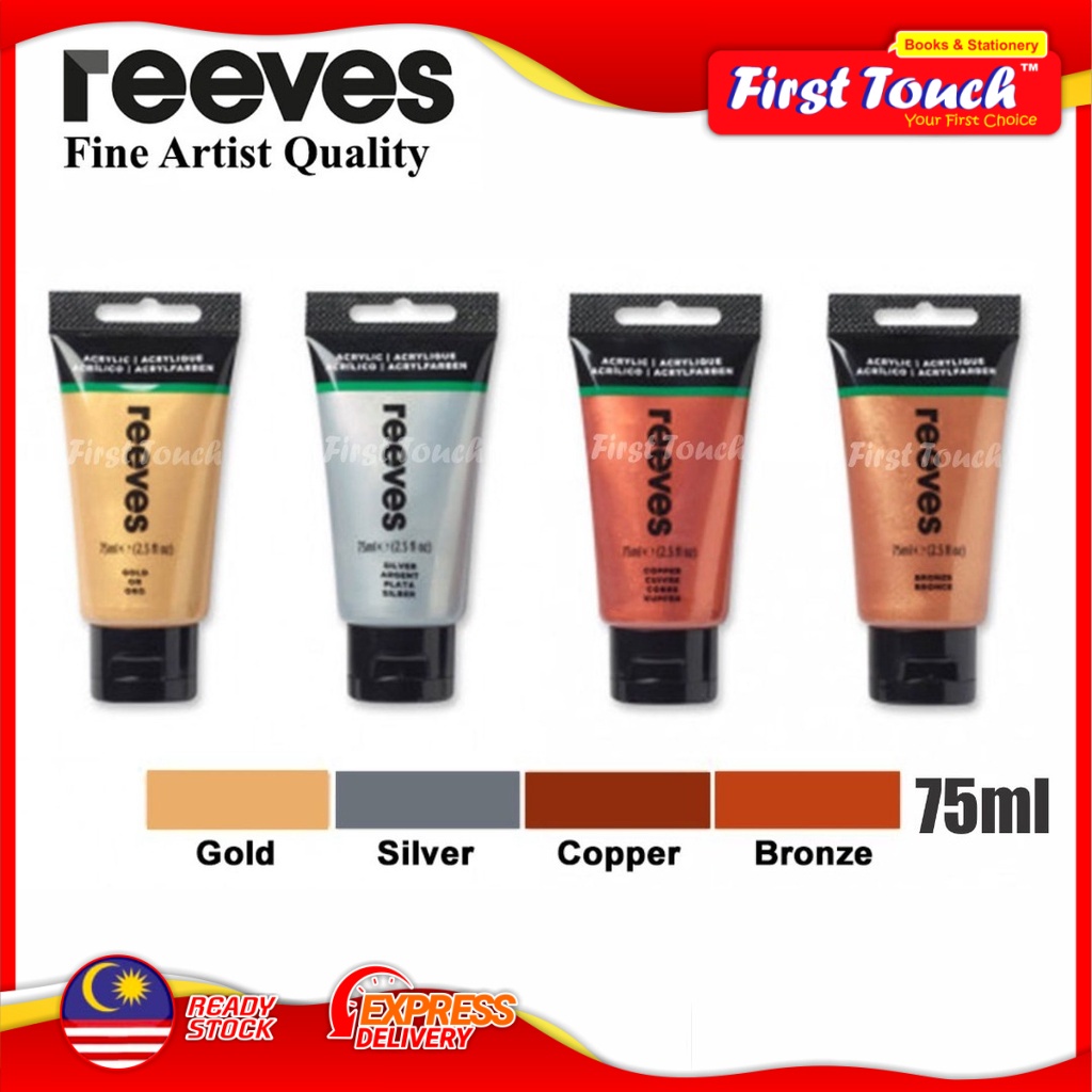 REEVES Artist Acrylic Paint Colours Metallic / Fluorescent 75ml (Gold ...