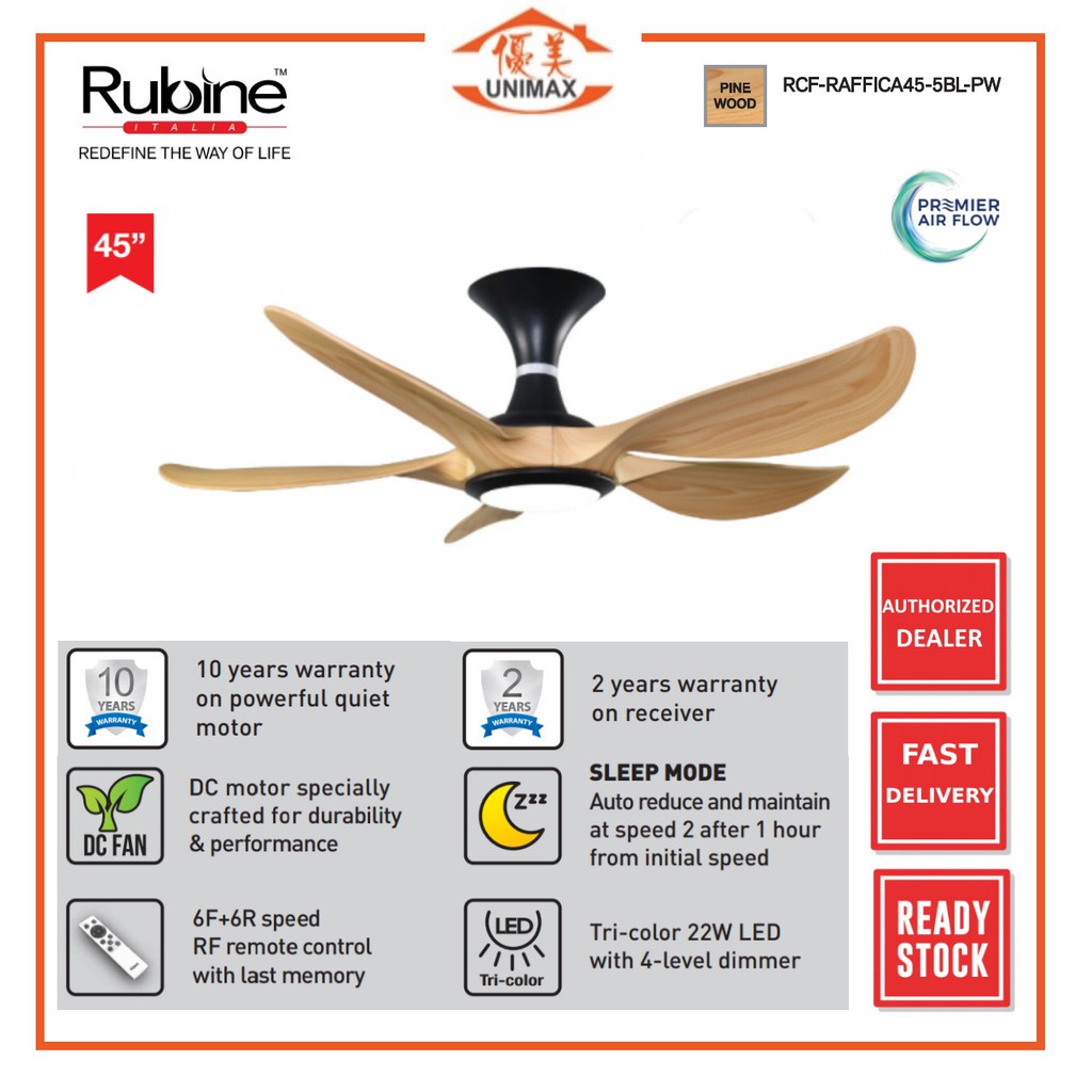 Rubine Ceiling Fan Raffica Series RCF-RAFFICA45/56-5BL-PW DC Motor ...