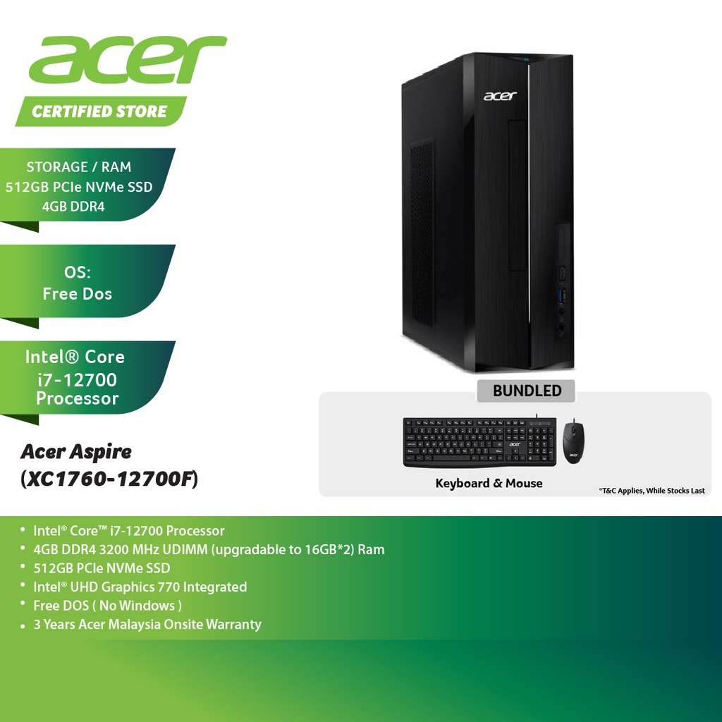 Acer Aspire XC1760-12700F Desktop PC ( i7-12700, 4GB, 512GB SSD, Intel ...