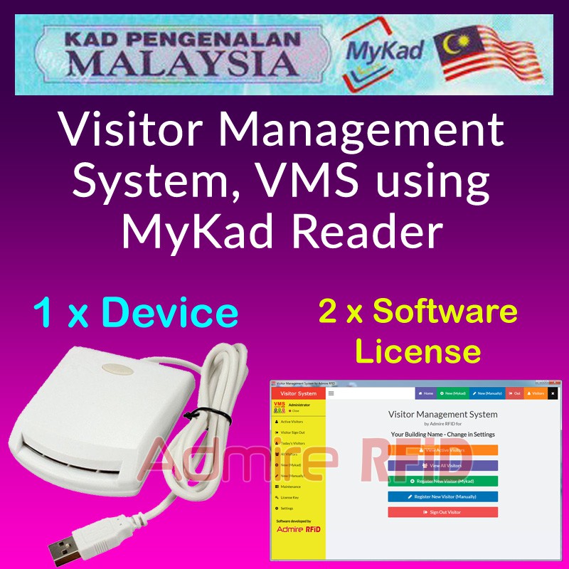 Visitor Management System VMS using Mykad Reader with Device + Software (for 2 windows computers ...