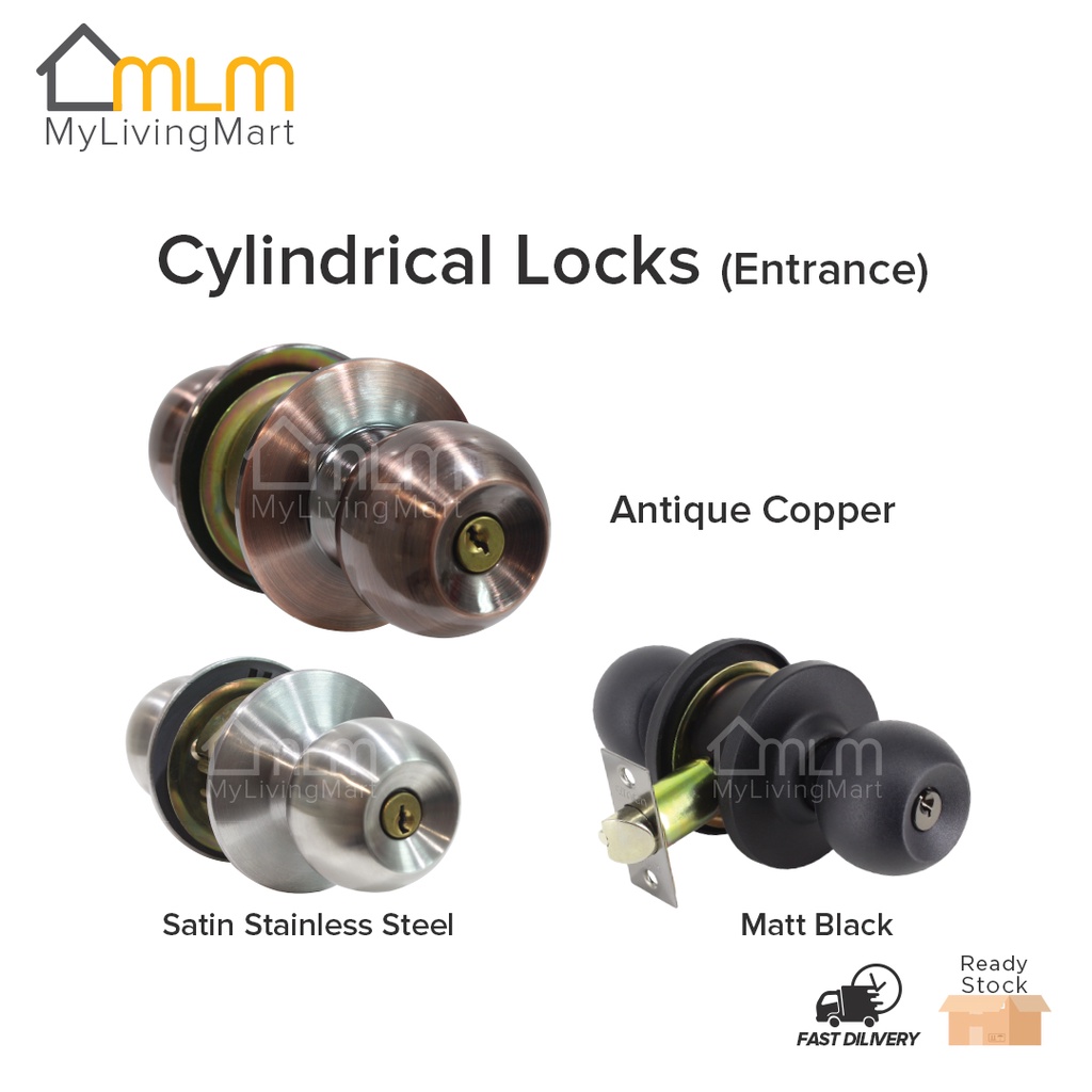Cylindrical Door Lock Set Knob Lock Round Ball Tombol Pintu SS AC Matt ...
