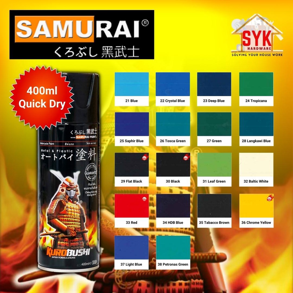 SYK SAMURAI Spray Paint Standard Colour 400ml (21-38) Plastic and Metal ...