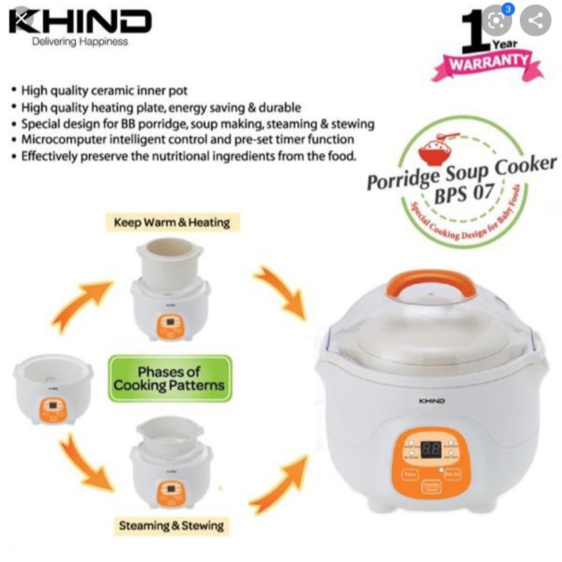 Original khind 0.7 l baby porridge + soup cooker ceramic pot model ...