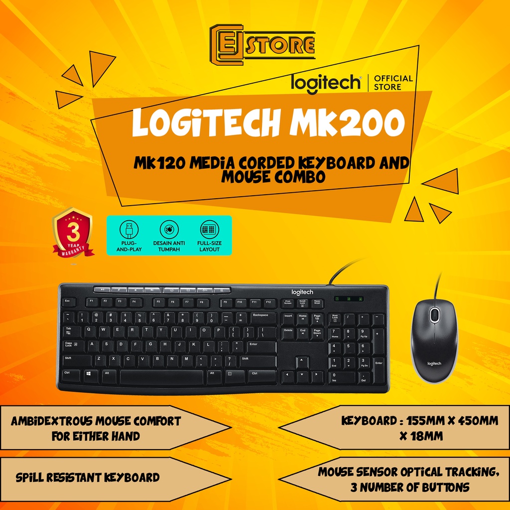 LOGITECH MK200 MEDIA COMBO KEYBOARD MOUSE WITH KEYS, PLUG & PLAY ...