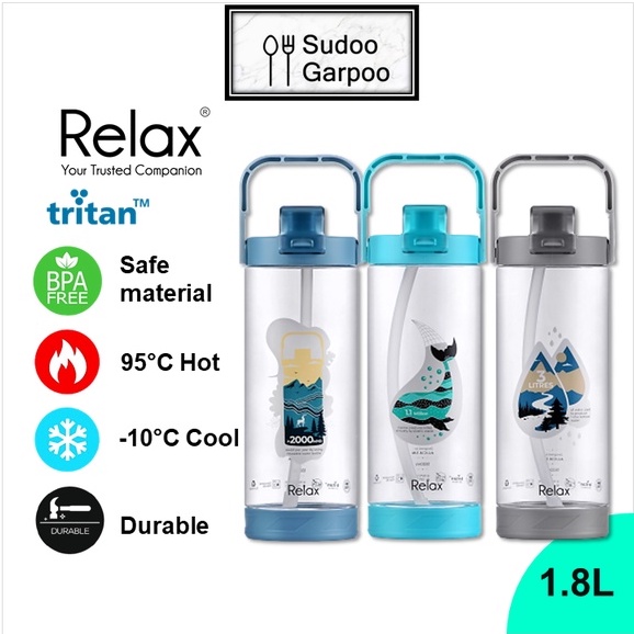 Relax~ Water Bottle 1800ml/ 1.8L Tritan Straw Press Flip BPA Free ...