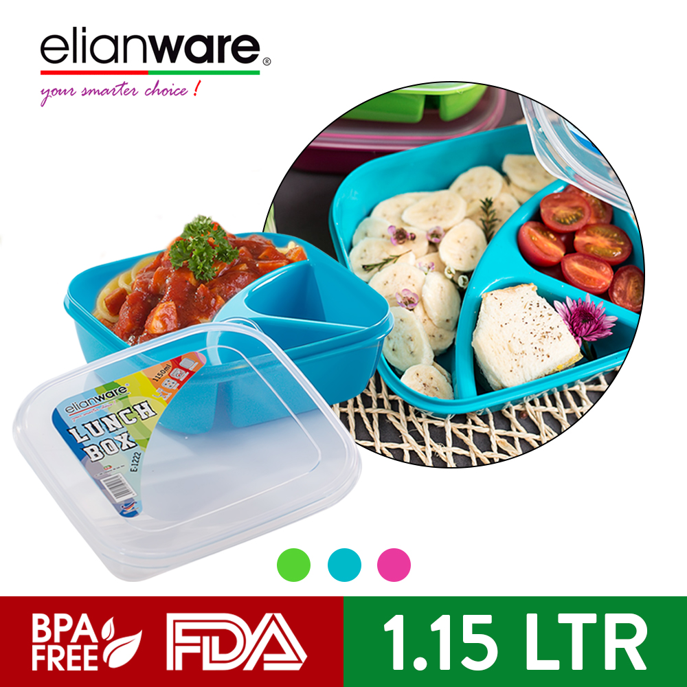 Elianware 1.15L 3 Compartment Divided Lunch Box Food Container ...