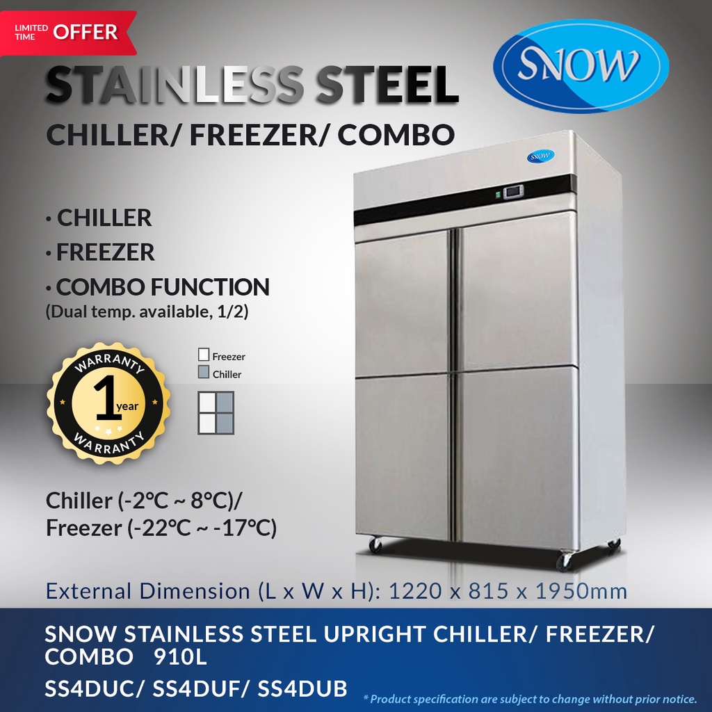 SNOW STAINLESS STEEL UPRIGHT 4 DOOR CHILLER/ FREEZER/ COMBO 910L (1 ...