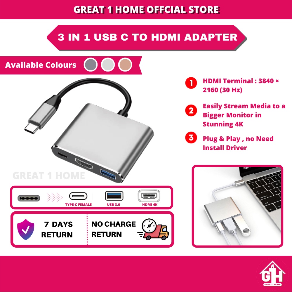 Type C 3 IN 1 Male to HDMI/Type C Female/ USB 3.0 Hub Adapter (Supports ...