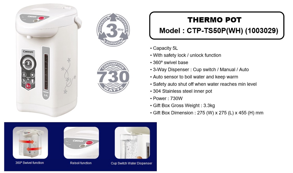 Cornell Thermo Pot (5L) CTP-TS50PWH | Shopee Malaysia
