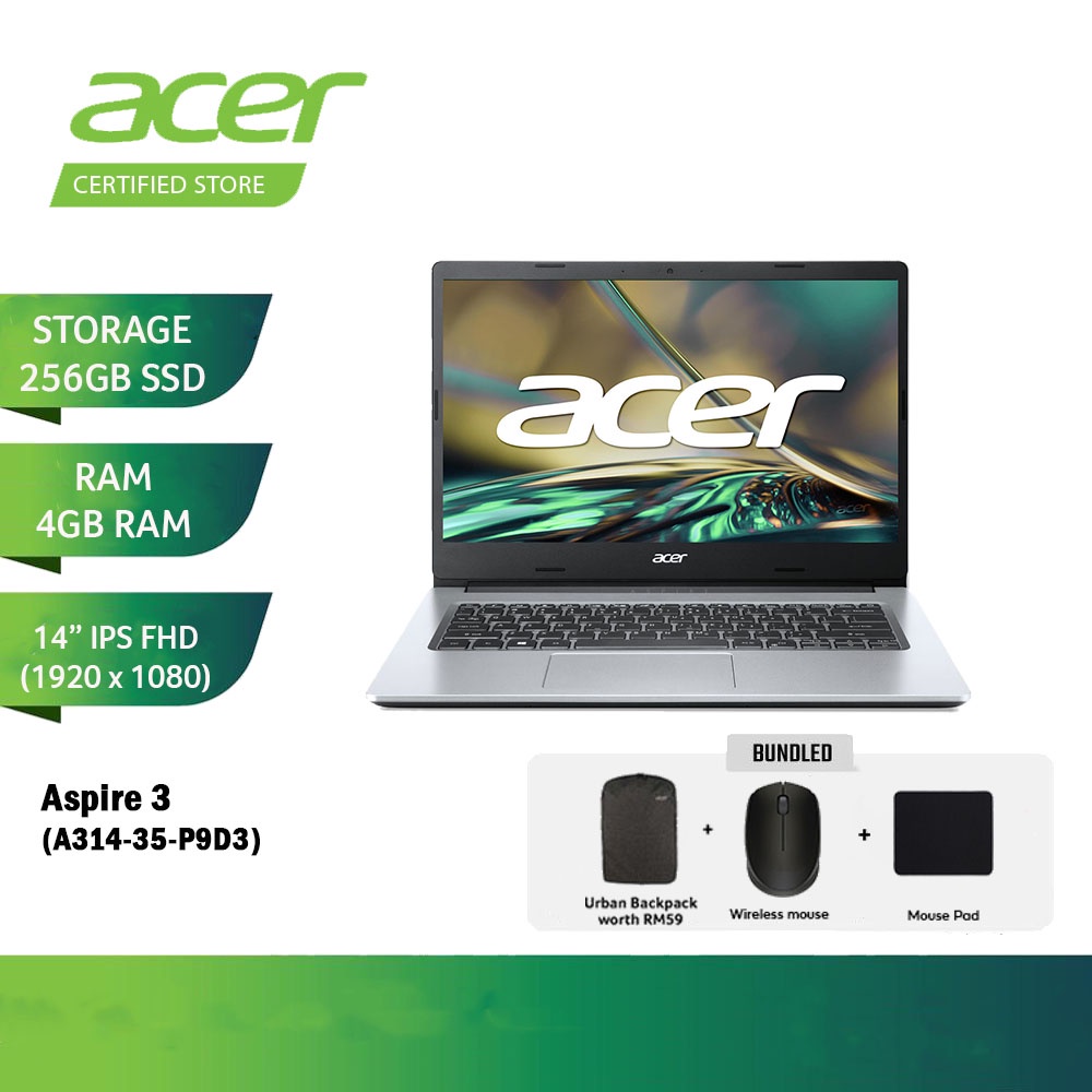Acer Aspire 3 A314 35 P9d3 14 Fhd Laptop N6000 4gd4 256ssd Win10h