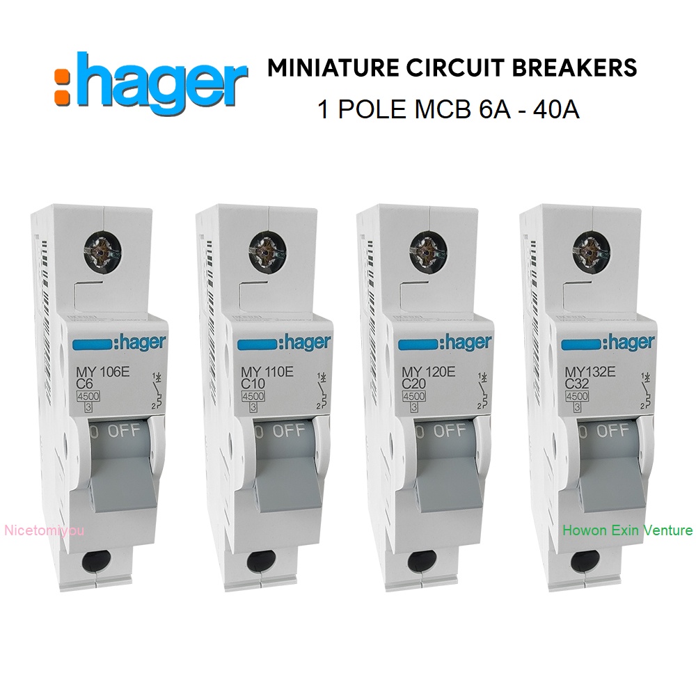 Hager MY Series 1 Pole MCB 6A /10A / 16A / 20A / 32A / 40A (4.5KA) Miniature Circuit Breaker ...