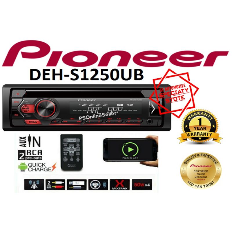 PIONEER DEH-S1250UB CAR STEREO WITH USB,ANDROID SMARTPHONE SUPPORT,AUX-IN & 2 RCA PRE OUT WMA ...