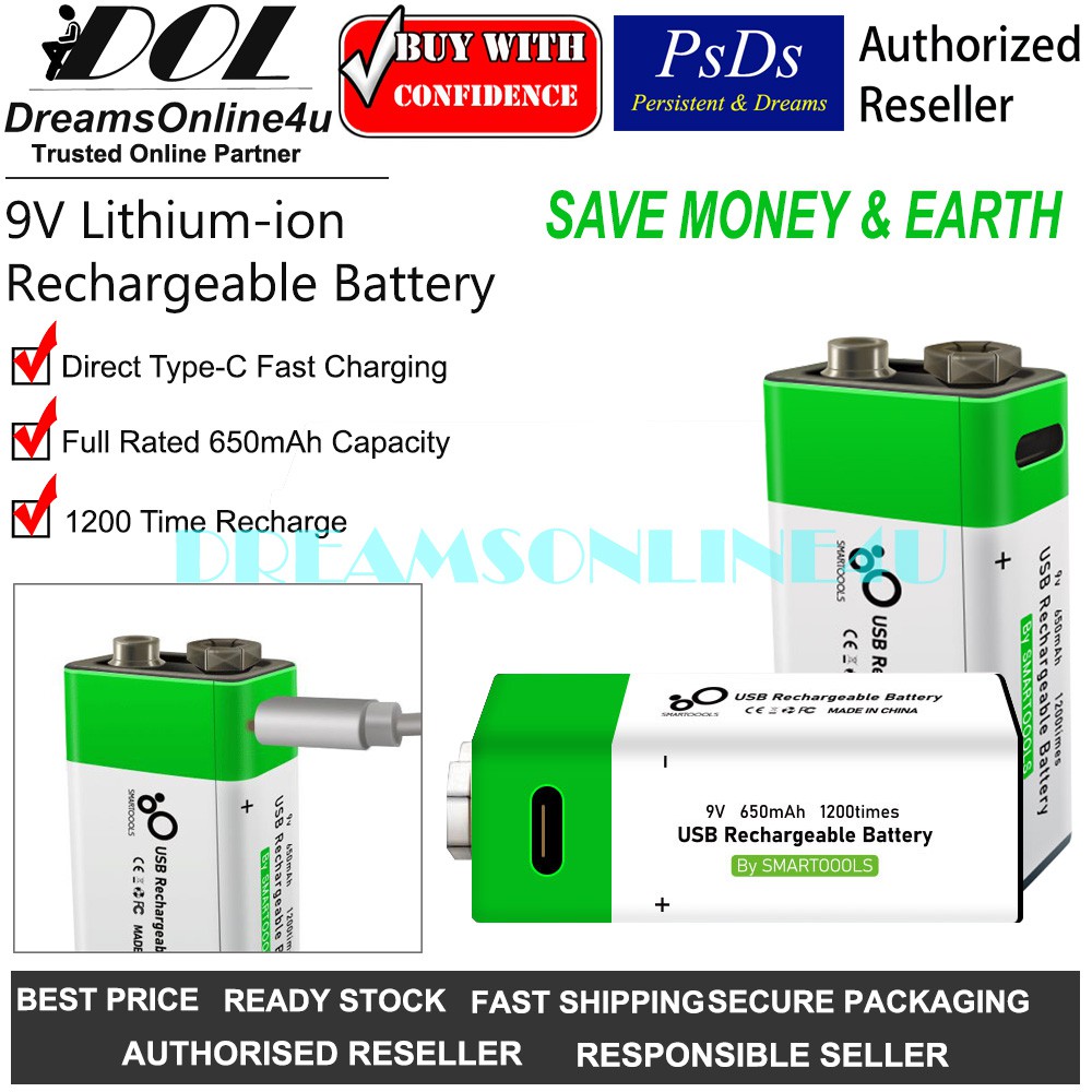 Smartoools USB Type-C Direct Fast Charge 650mAh Lithium-ion 9V ...