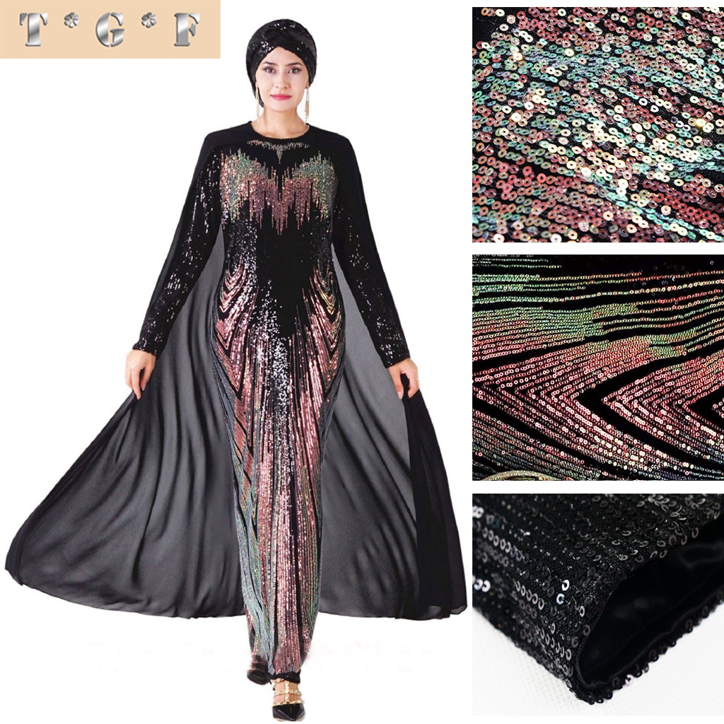 jubah abaya muslimah dubai Premium Sequin Embroidery Cape Long dress ...