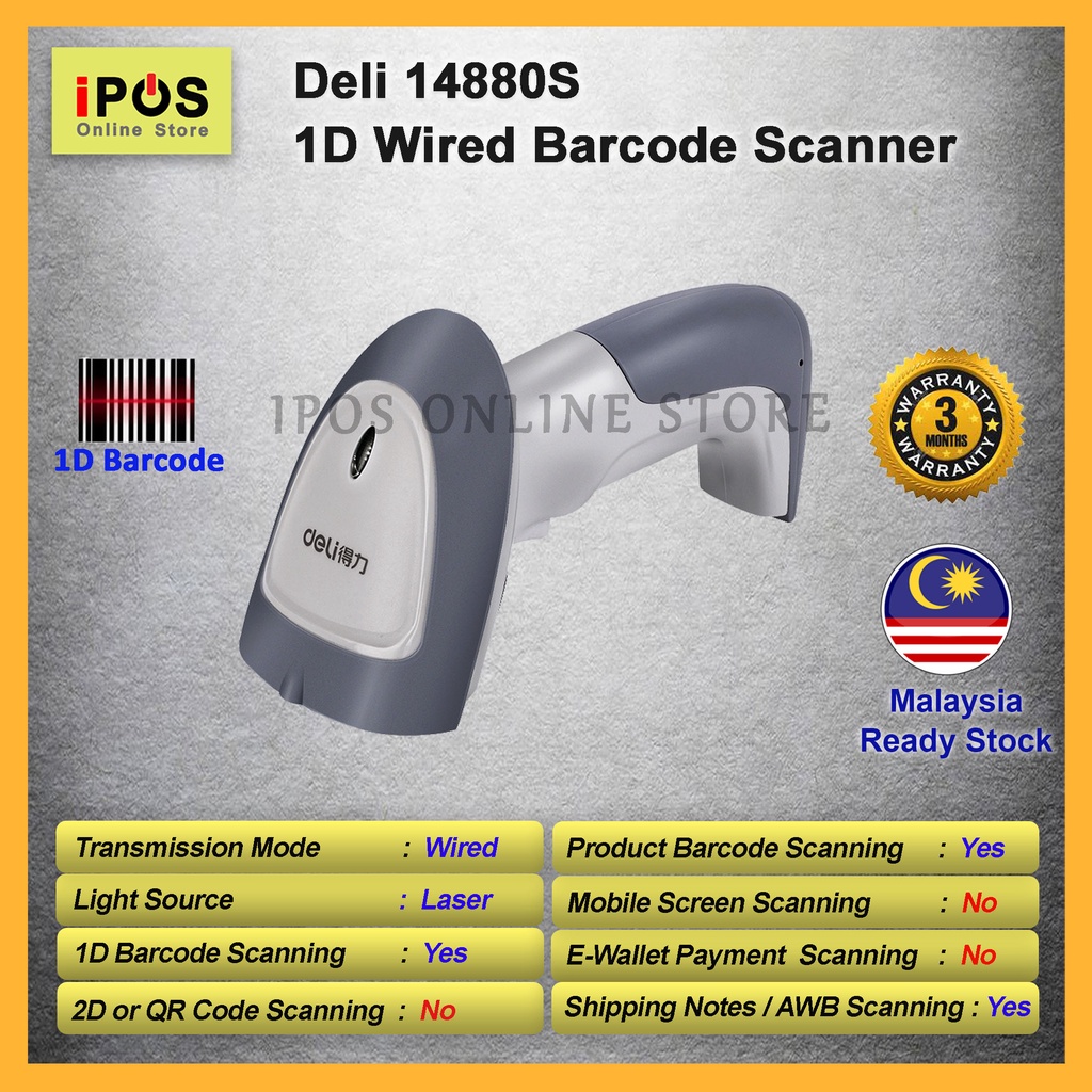 Deli 14880S 1D Handheld Wired Barcode Scanner | Shopee Malaysia