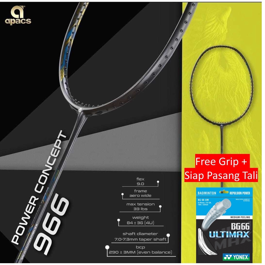 (Siap Pasang Tali 4-KNOT + Free Grip) ORIGINAL Apacs Power Concept 966 ...