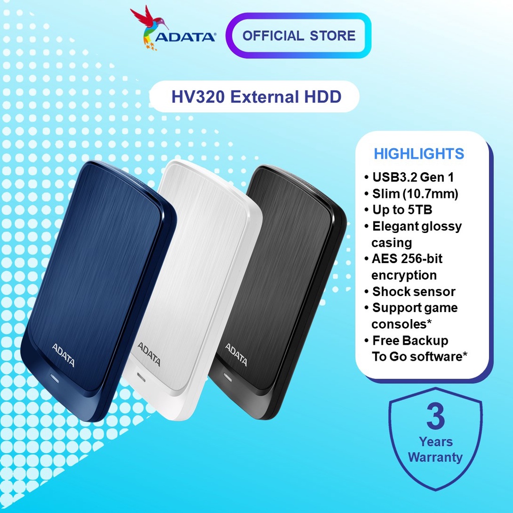 ADATA HV320 USB3.2 EXT HDD SLIM (10.7mm) 1TB/2TB - BLACK/BLUE/WHITE | Shopee Malaysia