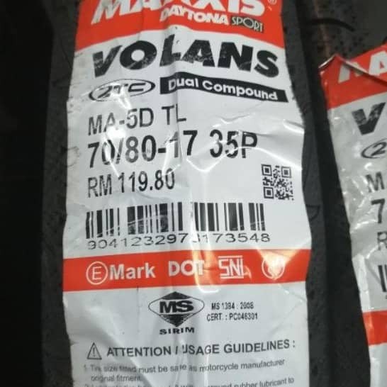 Maxxis Volans MA5D 70/80-17 MA-5D Tayar Tubeless Tyre Original Maxis ...