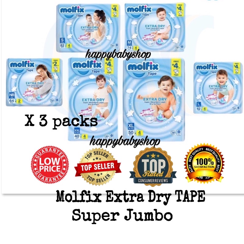 Molfix Extra Dry Super Jumbo Tape Diapers - 3 Packs ( NB, S, M, L, XL ...