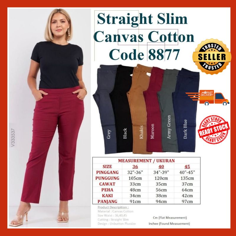 (2XL-4XL)Straight Slim Fit Women Pants Plus Size Cotton Canvas High ...