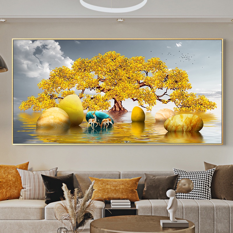 Chinese Feng Shui Golden Rich Tree Canvas Painting Wall Art Deer ...