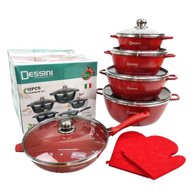 12 PCS Dessini Italy Non Stick Ceramic Cooking Pot Frying Pan Set ...