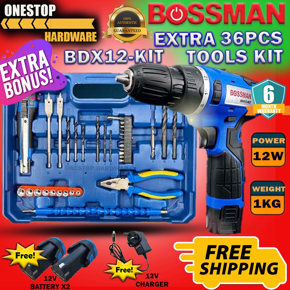 Bossman Cordless Drill Driver 12V Tool Kit Set Battery Drilling Wall ...