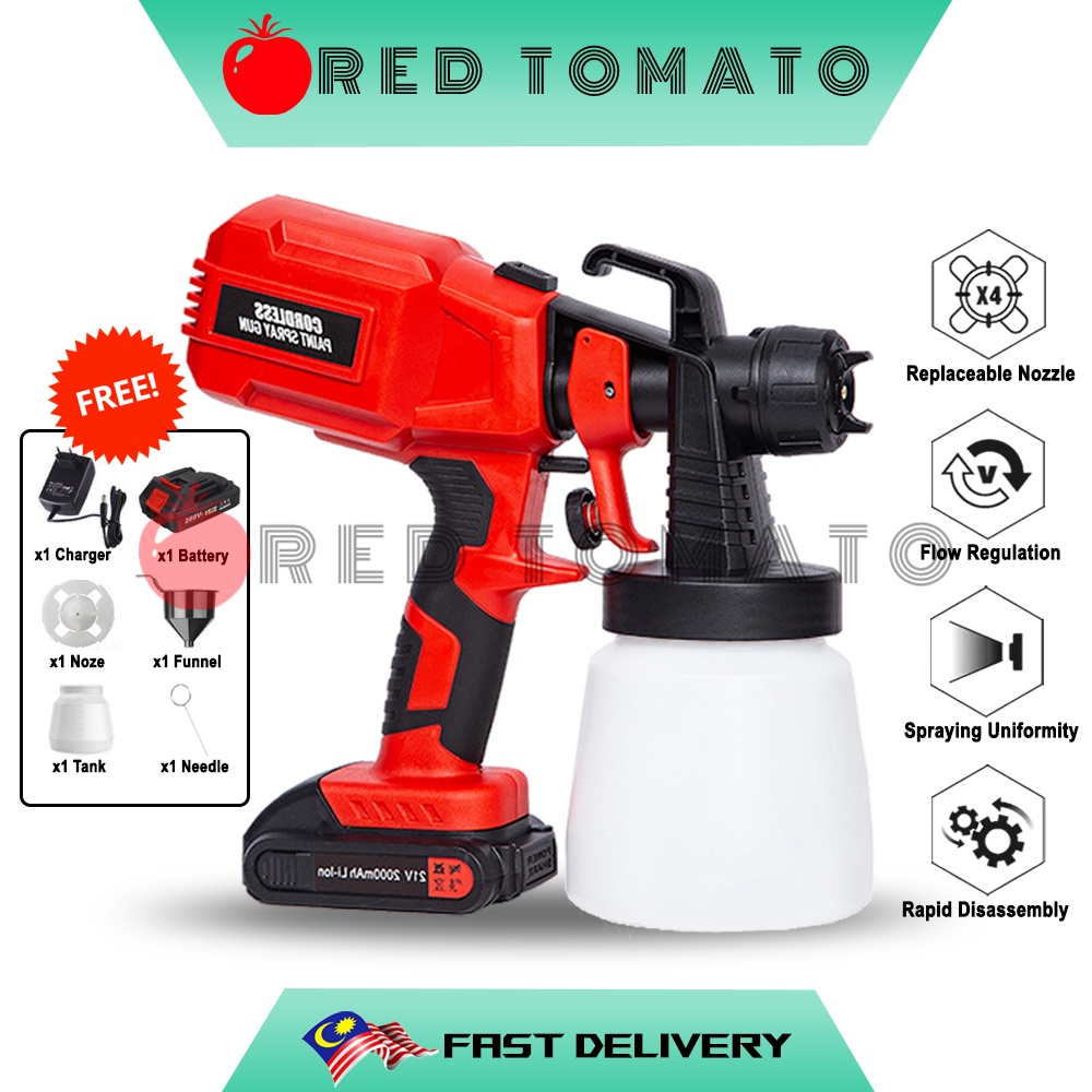 RED TOMATO 21V Cordless Electric Paint Spray Gun 1200W 800ml High Power ...