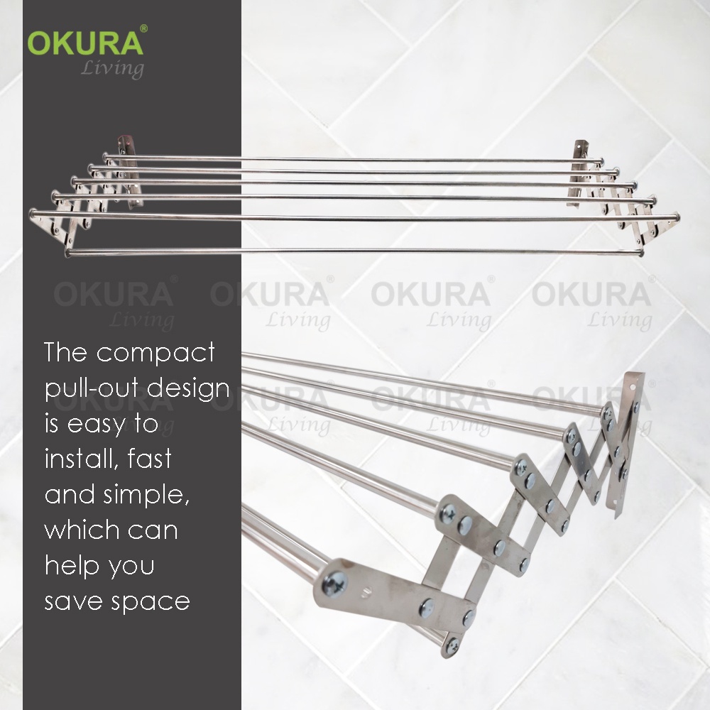 OKURA 6 Bar Retractable Cloth Hanger Stainless Steel Ampaian Baju Wall Mounted Clothes Drying ...