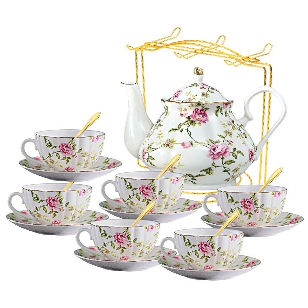 [ Local Ready Stocks ] Pink Flower English Style Tea Set 6 Person Cup ...
