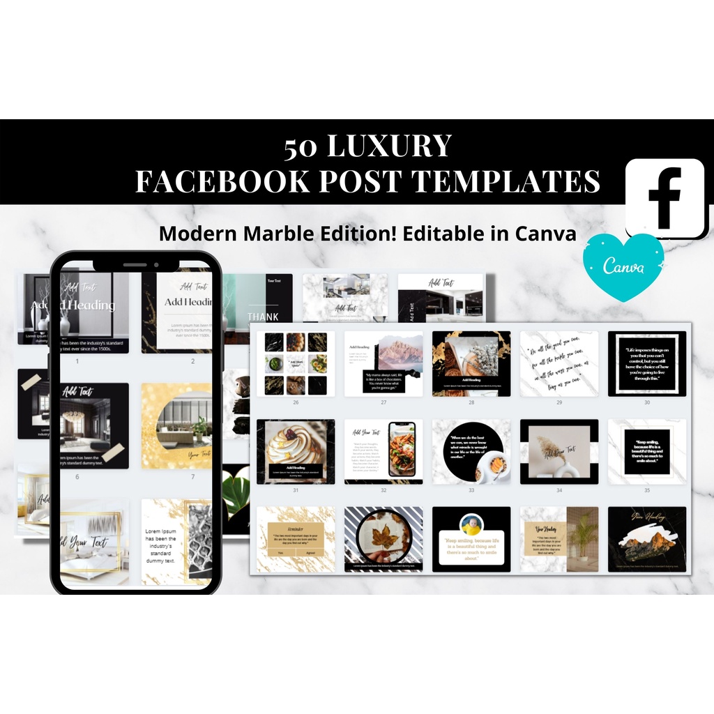 50 Luxury Facebook Post Templates, editable in Canva - Modern Marble ...
