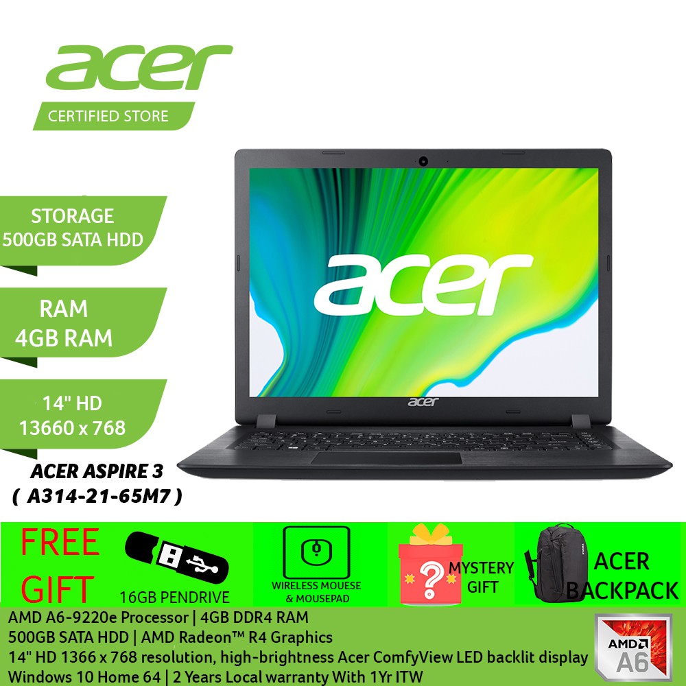 ACER ASPIRE 3 A314-21-65M7 A6-9220E 4GD4 500GB WIN10H BLACK | Shopee ...