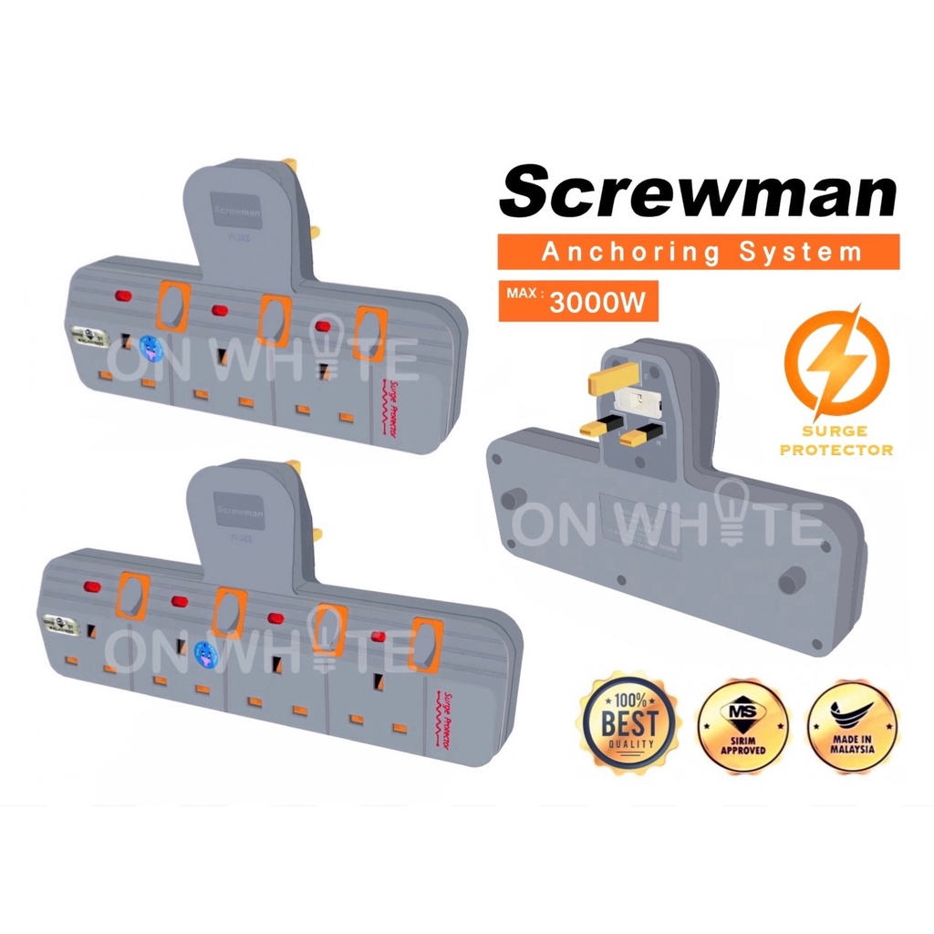 Screwman 3way 4way T Adaport 3pin Plug Socket T Wall Extension Sirim Surge Adaptor 3gang